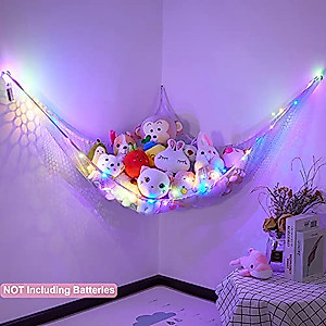FIOBEE Stuffed Animals Net or Hammock, Stuffed Animals Storage Holder Toy Hammock Organizer Hanging with LED Light Photo Clips for Nursery Play Room Kids Bedroom Pack of 2