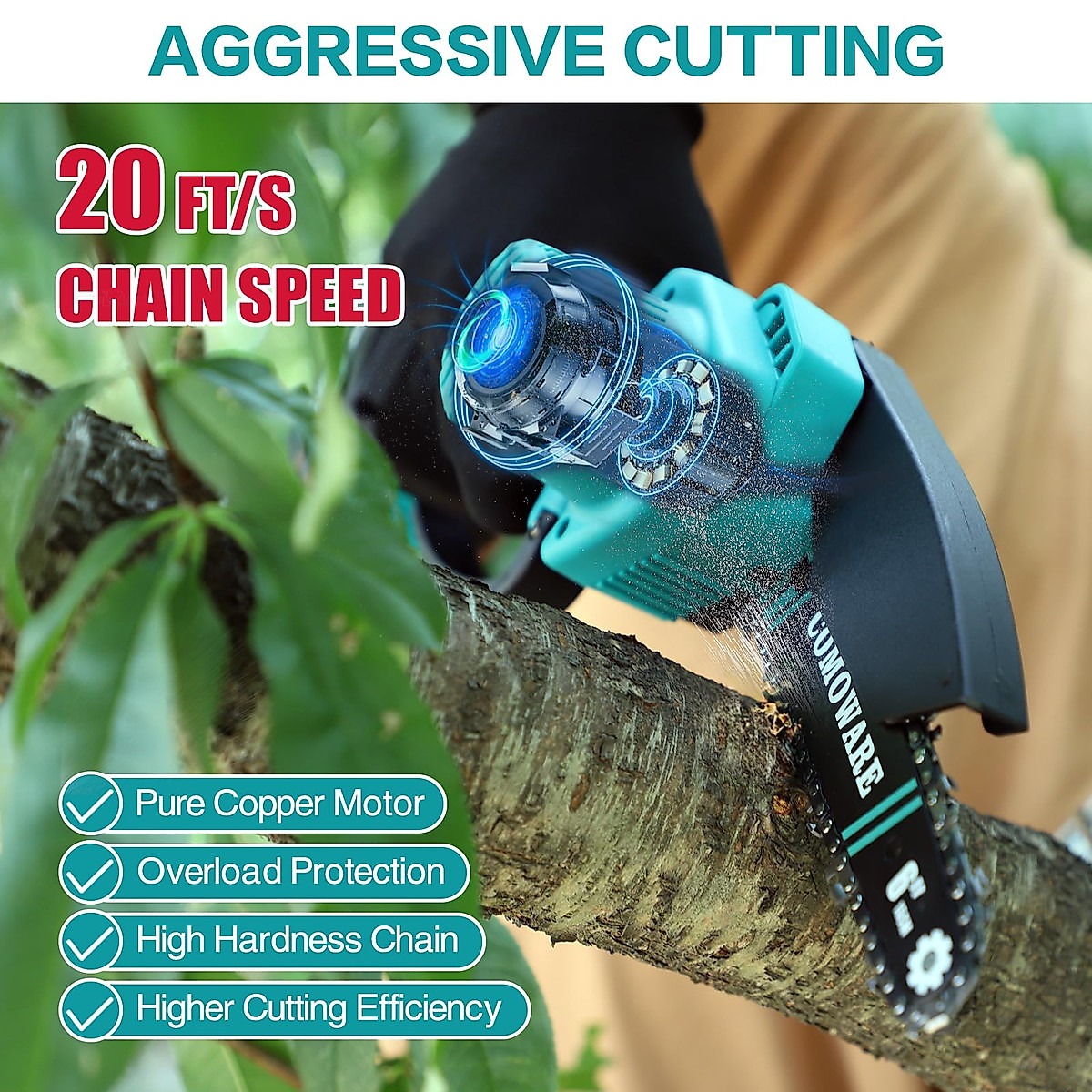 COMOWARE Mini Chainsaw Cordless, 6" Small Chainsaw with 2Pcs 2.0Ah Batteries, Portable Hand Chainsaw, Mini Chainsaw 6 Inch Cordless, Handheld Chainsaw Battery Powered for Tree Branch Trimming