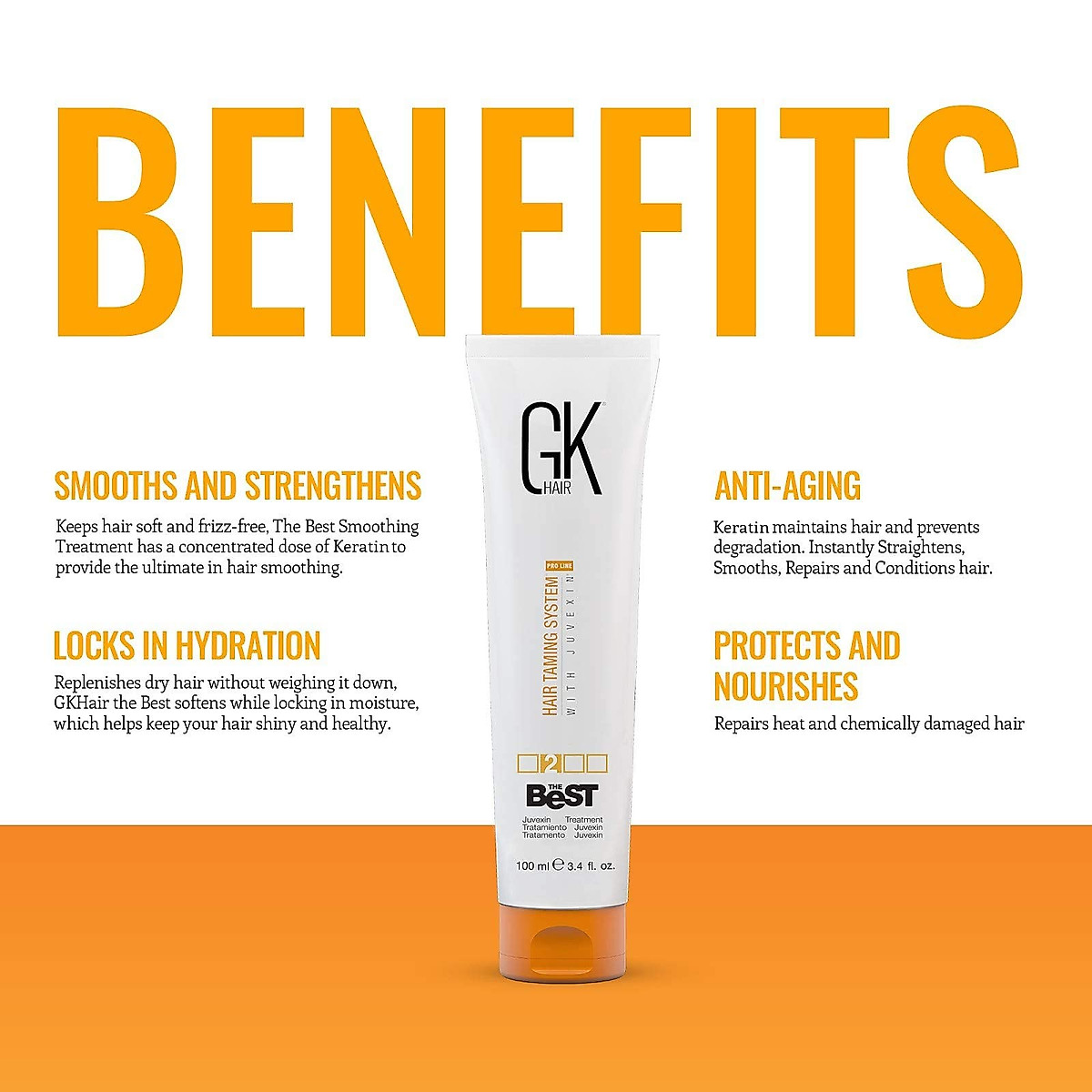 GK HAIR Global Keratin The Best (3.4 Fl Oz/100ml) Smoothing Keratin Hair Treatment - Professional Brazilian Complex Blowout Straightening For Silky Smooth & Frizz Free Hair