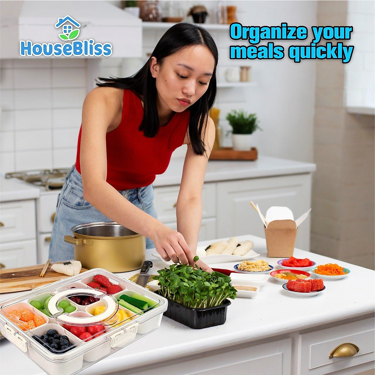 HouseBliss Divided Serving Tray with Lid and Handle, Portable Snackle Box Charcuterie Container, 8 Compartment Snack Divider Container for Candy, Fruits, Nuts, Perfect for Party, Picnic, Cream