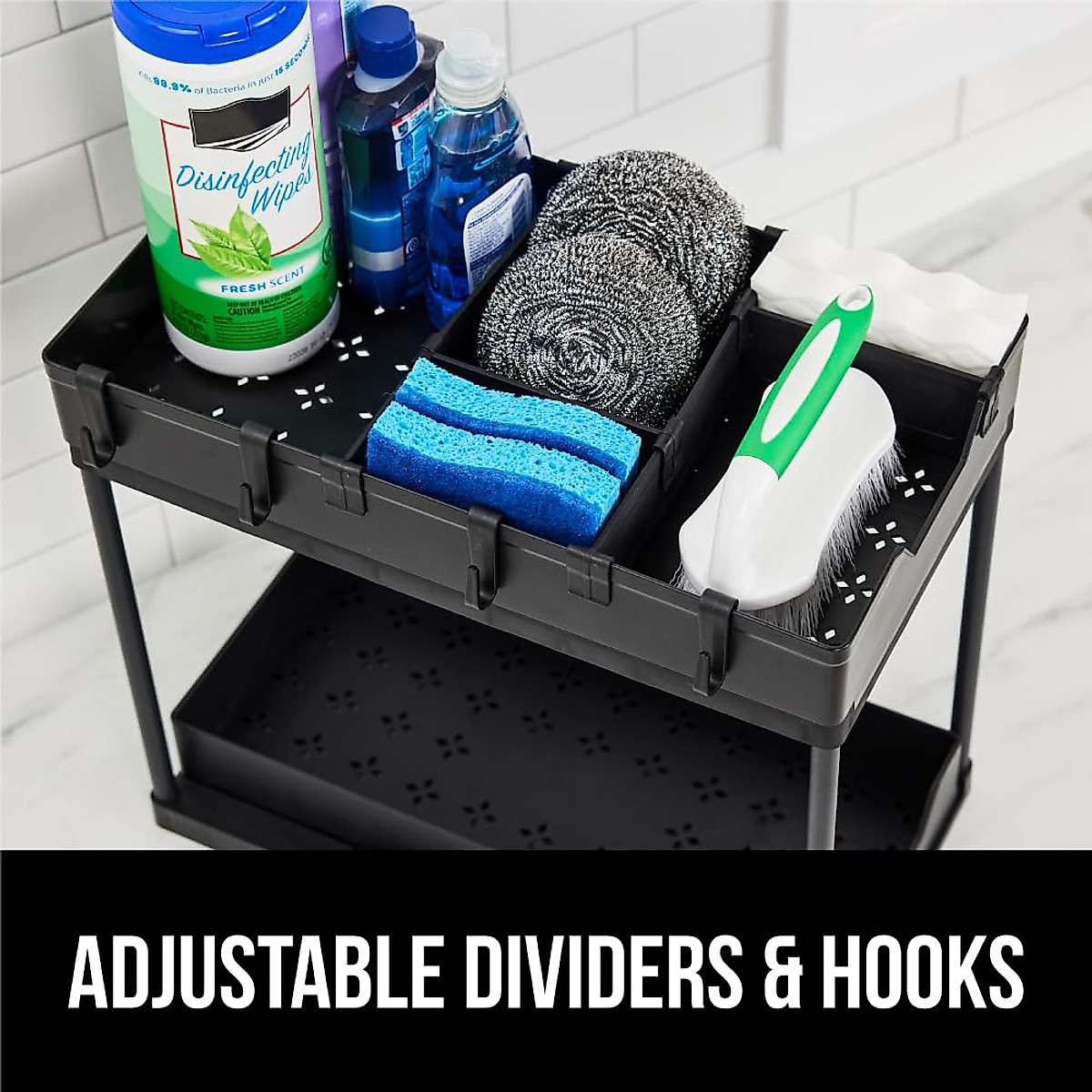 Gorilla Grip 2 Tier Under Sink Organizer, Pull Out Cabinet Organizers with Hooks, Slide Drawers Hold Up to 15lbs Each, Easy Assembly Storage for Kitchen Bathroom Coffee Bar, Shelf Organization, Black