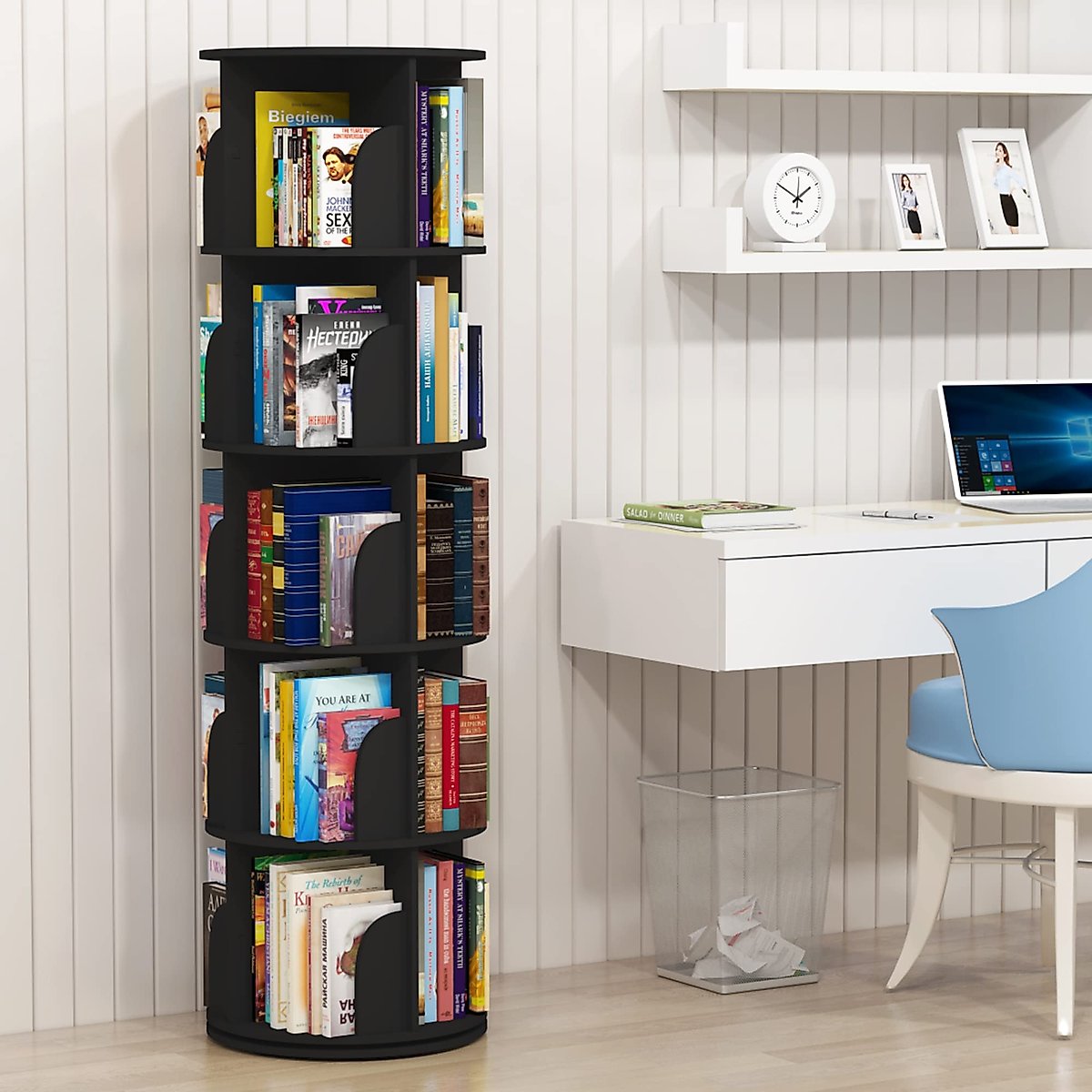INTEXCA & DESIGN 5 Tier 360° Rotating Stackable Shelves Bookshelf Organizer (Black), White, RotatingBookshelf_5Tier_White