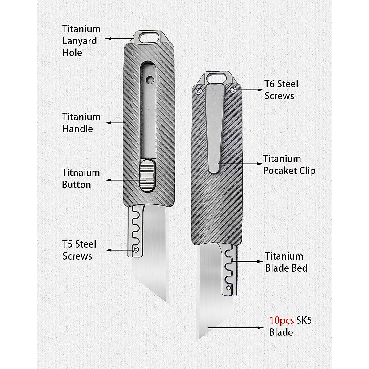 ainhue A358 Retractable Blade Utility Knife, 10pcs Replaceable Blades, 3.58 inches Titanium Handles Pocket Clip, Heavy Duty Box Cardboard Cutter
