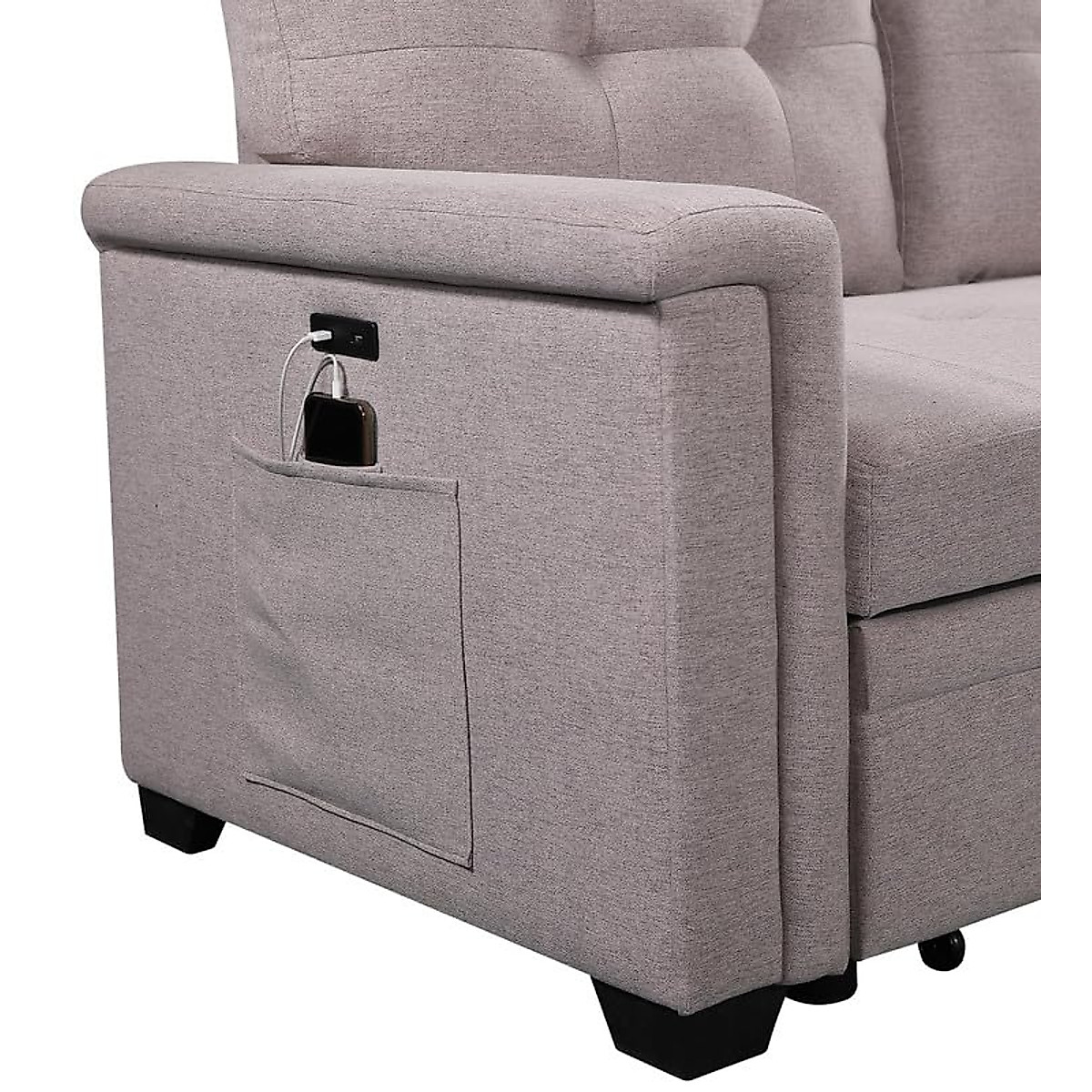 LOVMOR 84'' L-Shape Convertible Sleeper Sectional Sofa with Storage Chaise and Pull-Out Bed, Linen Upholstered Reversible Corner Couch w/USB Charger Ports and Pocket, Light Gray, 84 Inch