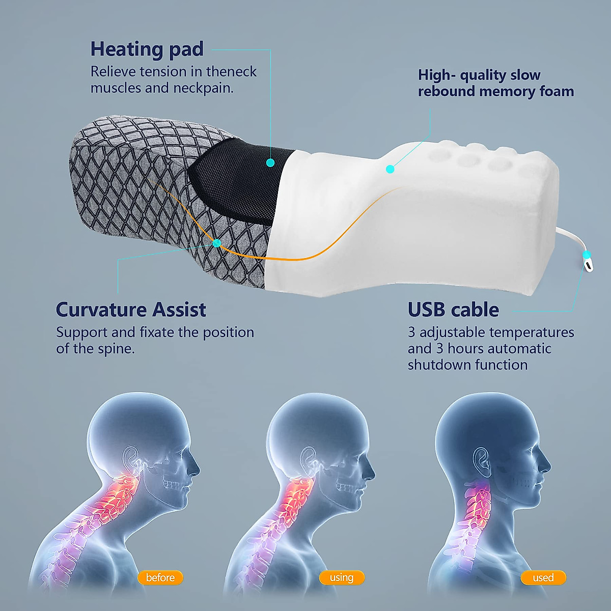 Neck Pillows for Pain Relief Sleeping, Heated Memory Foam Cervical Neck Pillow with USB Graphene Heating and Magnetic for Stiff Neck Pain Relief, Neck Support Pillow Bolster Pillow for Bed (Grey)