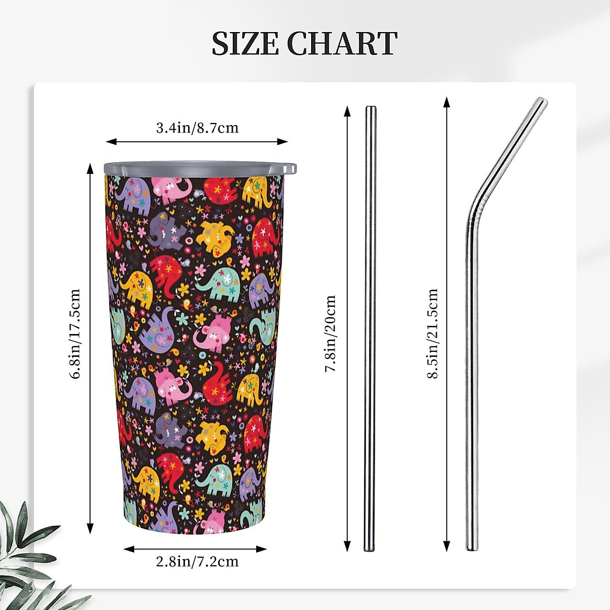 Yaxongx 20oz Tumbler Cute Bird Elephant Double Wall Vacuum Insulated Coffee Mug with Lid and Metal Straw Brush Reusable Stainless Steel Water Bottle Travel Cup Gifts for Car Ice Drinks Hot Beverage