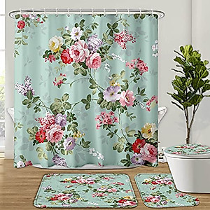BROSHAN Green Floral Shower Curtain Set, Flower Bathroom Set with Shower Curtain and Non-Slip Rugs,Toilet Lid Cover and Bath Mat, Floral Fabric Bathroom Decor and Accessories Set with Hooks