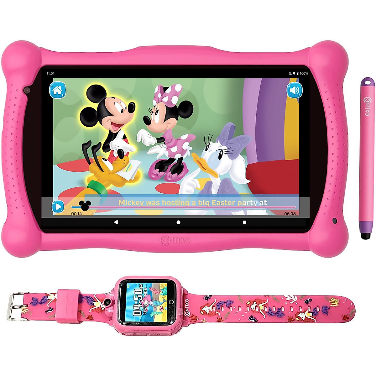 Contixo Kids Tablet, V10 7 Inch Tablet for Kids and Smart Watch Bundle, 2GB 32 GB Toddler Tablet with Bluetooth, with Smart Watch That Touch Screen, Camera, Video and Audio Recording (Pink)