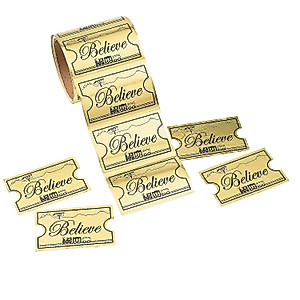 Gold Foil Believe Ticket Sticker Rolls - Jumbo 100 Sticker Roll - Christmas Supplies for Kids