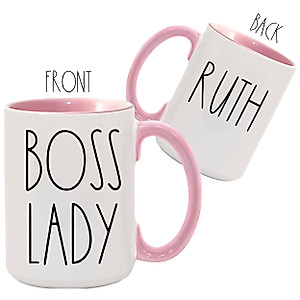 BOSS LADY Farmhouse skinny style inspired Font PINK! 15oz Ceramic Mug | Your Custom Text on the back side!