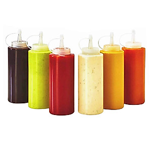 On Condiment Bottle, Set of 6 Plastic Squeeze Condiment Bottles for Mustard Dressing Ketchup BBQ Sauce Mayonnaise Syrup Honey Arts Crafts, 16 oz Condiments Squirt Bottle Leakproof Twist On Cap Lids