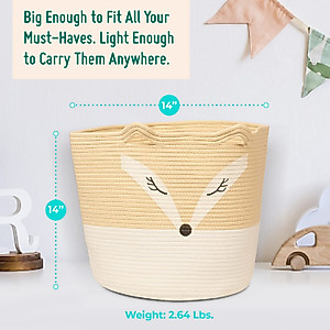 Large Cotton Rope Basket with Cute Animal Design - Unisex Bed & Bath Toy Bin Serves as Woven Laundry Basket & Nursery Hamper for Babies, Toddlers, Girls & Boys - Sturdy & Kid-Safe, 14" x 14 "