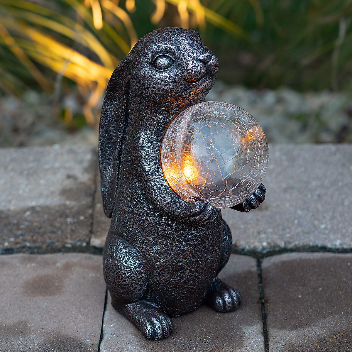 VP Home Mystical Rabbit Solar Powered Outdoor Decor Garden Light with Flickering LED Crackled Glass Globe Great Addition for Your Garden Solar Powered Light Garden Decorations Gifts