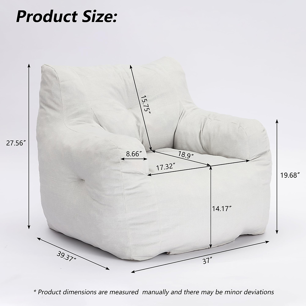 Recaceik Bean Bag Chairs, Soft Cotton Linen Bean Bag Chair with Filler, Fluffy Lazy Sofa, Comfy Cozy BeanBag Chair with Memory Foam for Small Spaces, Bedroom, Living Room, Dorm,Ivory