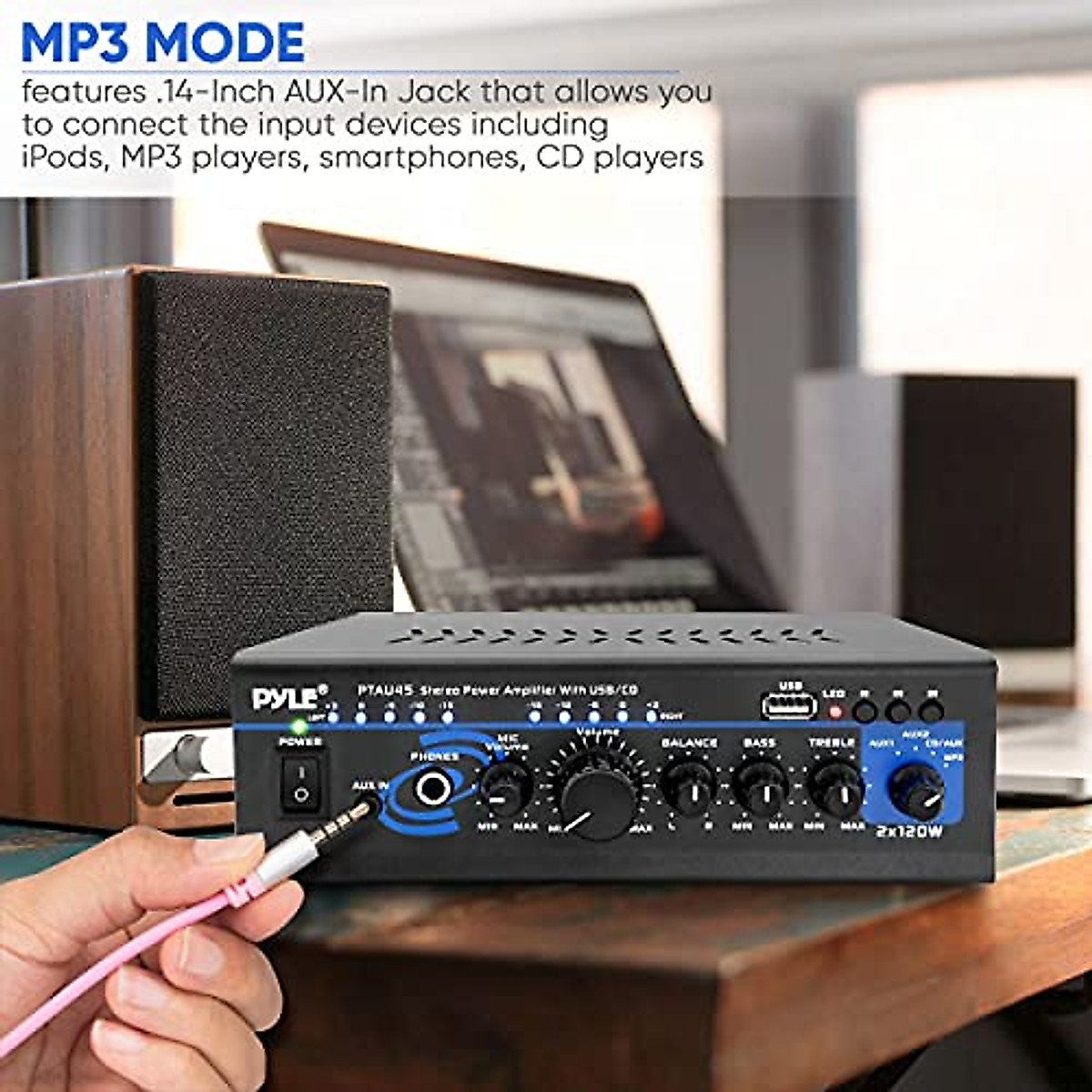 Pyle Home Bluetooth Audio Power Amplifier 2X120 Watt - Portable 2 Channel Surround Sound Stereo Receiver w/ USB - Amplified Subwoofer Speaker, CD DVD, MP3, iPhone, Phone, Theater, PA System -PTAU45.5