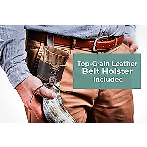 Norse Tradesman 20" Authentic Ox-Horn Viking Drinking Horn with Genuine Black Leather Belt Holster | Burlap Gift Sack Included | The Journeyman, Low-Polish, 20-Inch