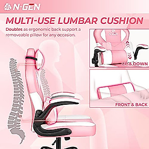 N-GEN Gaming Chair Ergonomic Office Chair PC Desk Chair with Lumbar Support Flip Up Arms Levelled Seat Style Headrest PU Leather Executive High Back Computer Chair for Adults Women Men (4. Peach Pink)