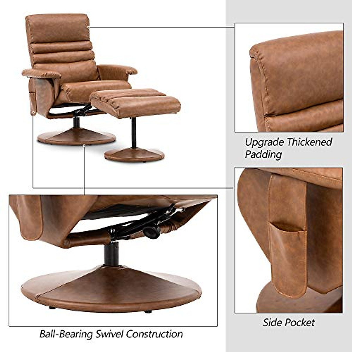 MCombo Recliner with Ottoman, Reclining Chair with Massage, 360 Swivel Living Room Chair Faux Leather, 7902 (Saddle)
