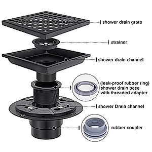 Shower Drain SUS 304, Lemecima 6 Inch Square Floor Drain with Flange, Quadrato Pattern Grate Removable for Bathroom, Hair Drain Cleaner Tool, Matte Black