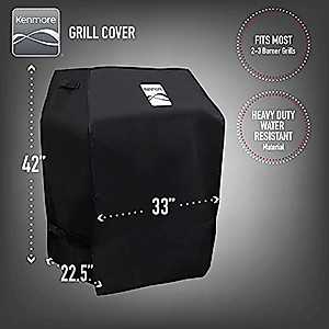 Kenmore KA-A61023BK 33" 2 or 3 Burner BBQ Grill Cover, Heavy Duty Weatherproof Fabric for Outdoor Patio Backyard, Universal Fit for Grills up to 33" Width, Black