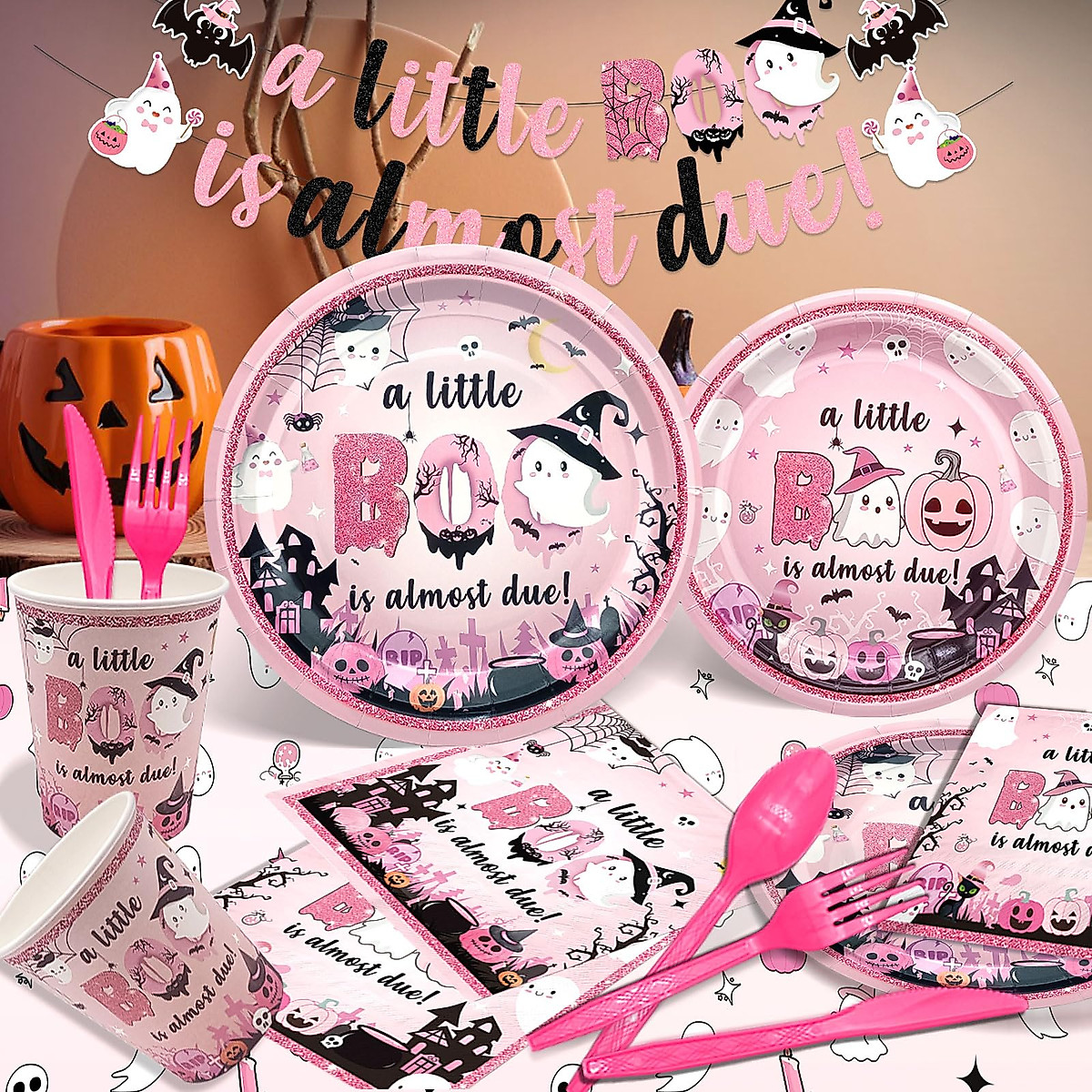 Yavxzvbw 183Pcs A Little Boo Is Almost Due Decorations Little Boo Baby Shower Decorations Girl Halloween Tableware Halloween Plates and Napkins for Halloween Baby Shower Decorations for Girl