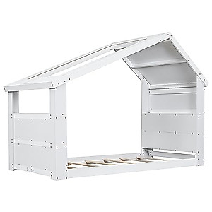 Twin House Bed Kids Floor Bed with Roof and Window, Solid Wood Montessori Bed with LED Light, Low Floor Twin Bed Frame for Kids Girls Boys, No Box Spring Needed (White)