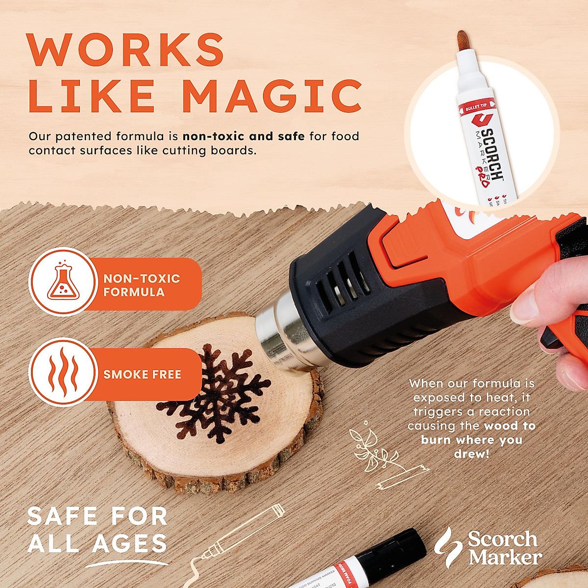Scorch Marker Woodburning Pen Tool with Foam Tip and Brush, Non-Toxic Marker for Burning Wood, Chemical Wood Burner Set, Do-it-Yourself Kit for Arts and Crafts