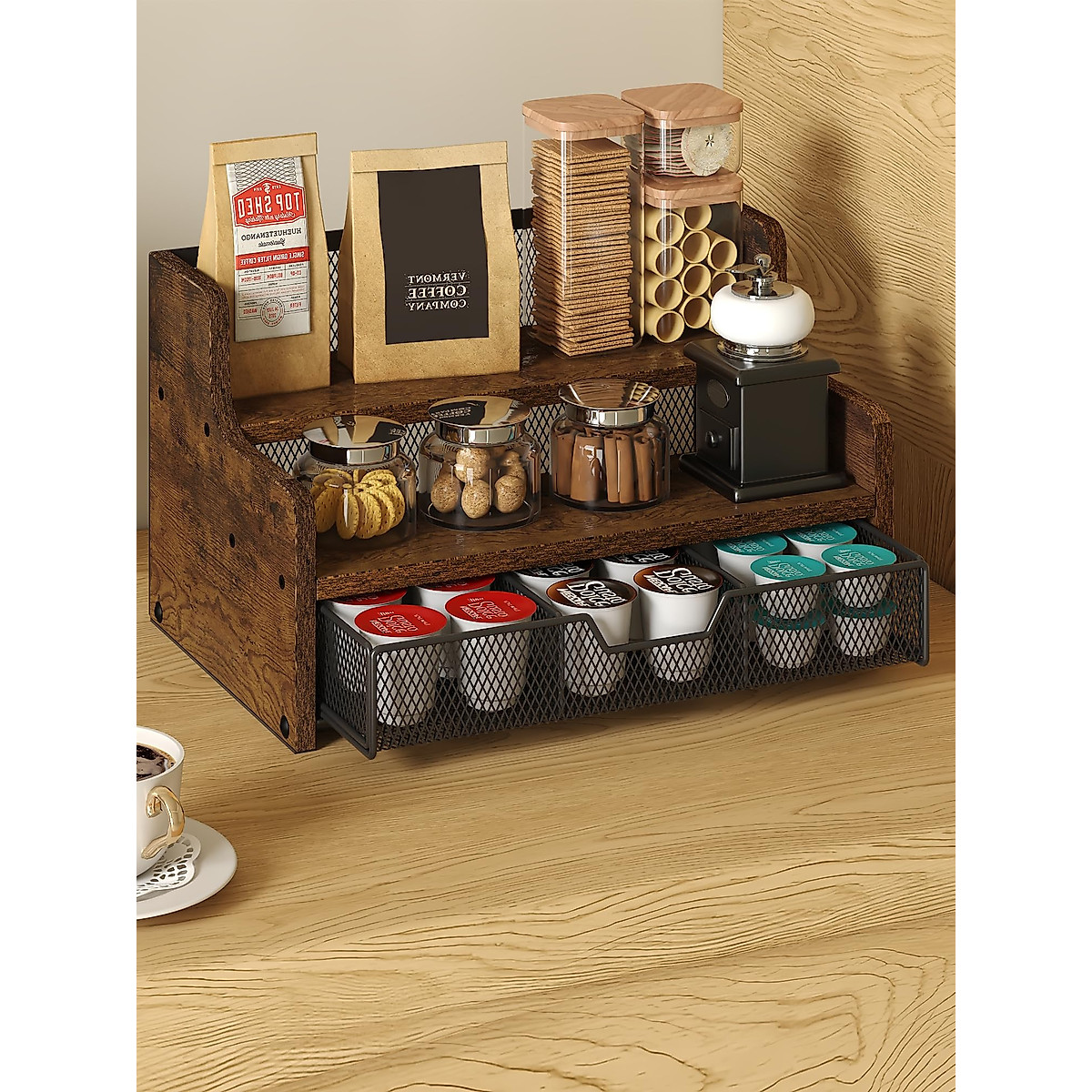 Tiaoheka Coffee Station Organizer for Countertop, Wood Coffee Bar Organizer with Drawer, Kcup Coffee Pod Holder Storage Box, K Cup Holder Organizer for Coffee Bar Accessories