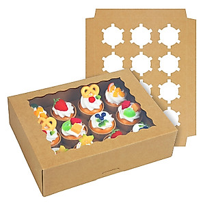 Tcoivs 6-Set Cupcake Boxes Hold 12 Standard Cupcakes, Brown Cupcake Containers with Windows and Inserts, Cupcake Carrier, Food Grade Kraft Cupcake Holders