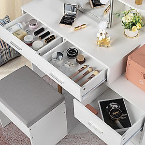 Karl home Lighted Vanity Desk with Sliding Mirror White Makeup Table with 5 Drawers, Storage Shelves, Cushioned Stool, LED Dressing Table Set for Women