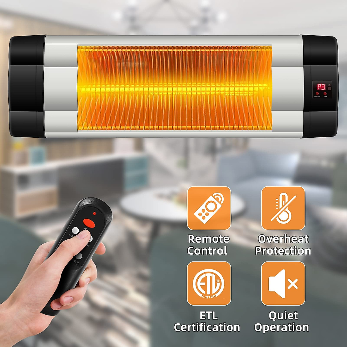 COSTWAY Wall Mounted Patio Heater, 1500W Electric Infrared Heater with Remote Control, 24H Timer, Carbon Fiber Tube, Waterproof Indoor Outdoor Haning Heater for Patio Garage Balcony Porch