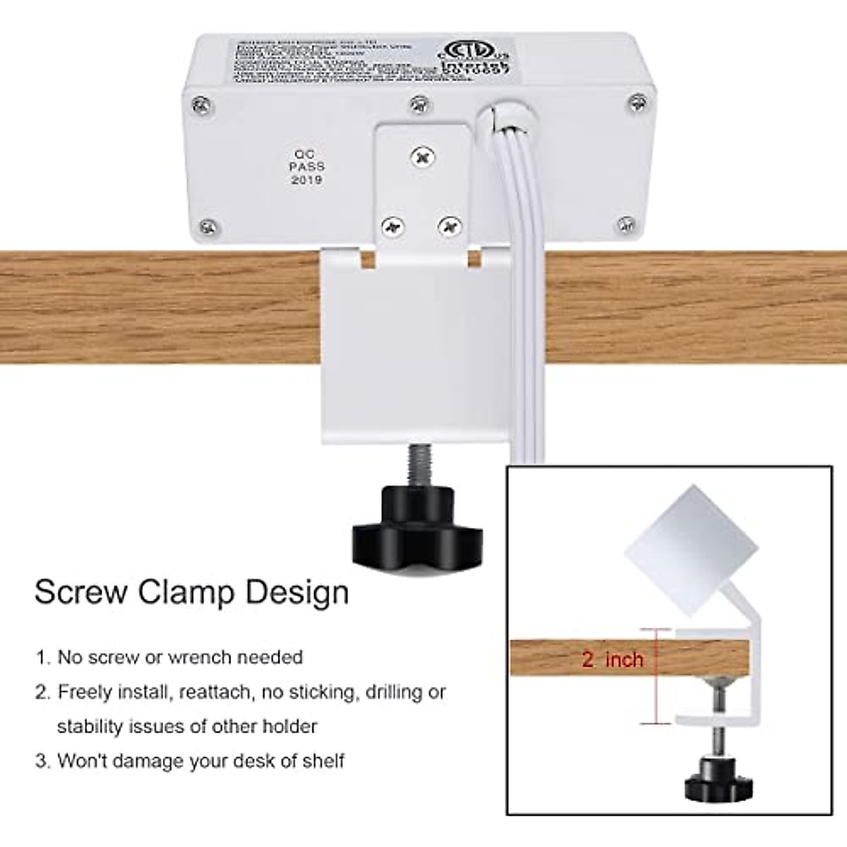 Desktop Edge Power Strip, Removable Clamp Power Outlet Socket with USB Port, 6.5 ft Extension Cord Connect 2 Plugs for Home Office Reading (White)