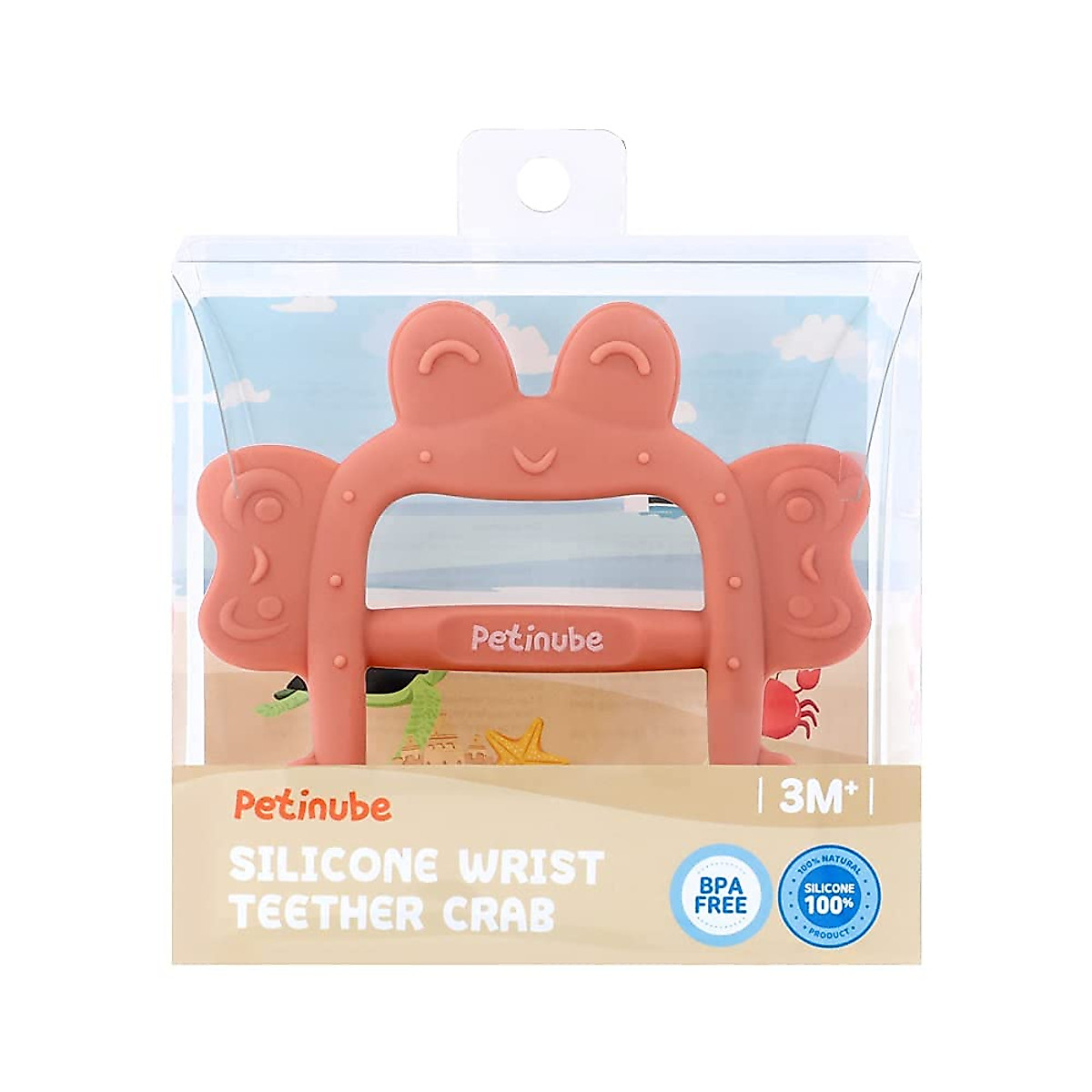 PETINUBE Baby Wrist Silicone Teether Soothing Pacifier for Infants 3+ Months Babies, Pack of 1, Made in Korea Anti-Dropping (Crab-Baby Coral)