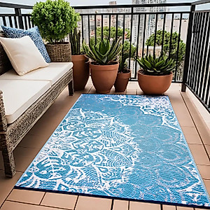 Lush Ambience Outdoor Rug - Waterproof, Reversible, Crease Free, Stain Resistant, Fade Resistant - Premium Recycled Plastic Small Rugs for Patio, Porch, Deck, Laundry Room - Deniz Teal 3X5 ft