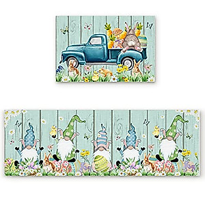 2 Piece Easter Day Kitchen Rug Set Easter Bunny Indoor Floor Mats for Spring Summer, Gnomes Mat Runner Rug Carpet Mat for Kitchen Home Decor (15.7" x 23.6"+15.7" x 47.2") - Easter Eggs Truck Rabbit