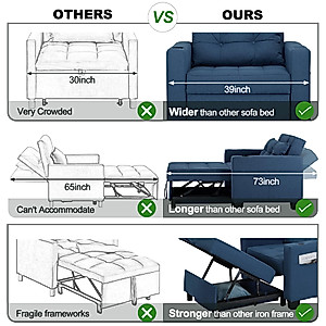 DURASPACE 39 Inch Sleeper Chair 3-in-1 Convertible Chair Bed Pull Out Sleeper Chair Beds Adjustable Single Armchair Sofa Bed with USB Ports, Side Pocket, Cup Holder (Navy Blue Linen)