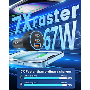 USB C Car Charger, 3-Port 67W Dual USB-C & USB-A Car Power Adapter PD/QC Fast Charging Cigarette Lighter for iPhone 16/15/14/13/12/11/Pro Max, iPad, Samsung Galaxy S25 S24/S23/S22/S21, Pixel, Android