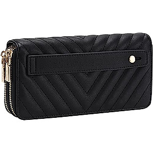 B BRENTANO Vegan Leather Double Zipper Pocket Wallet with Grip Hand Strap (Chevron Embroidered Black)