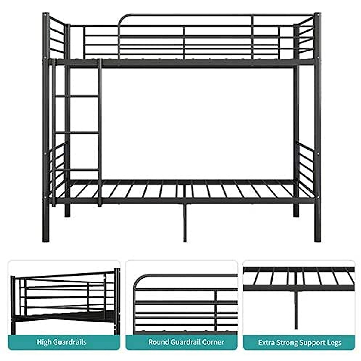 Metal Bunk Bed Twin Over Twin, Heavy Duty Bed Frames with Safety Guard Rails, Metal Slats for Kids, Teens, Adults, No Box Spring Needed Black