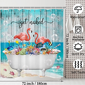 LB Pink Flamingo Shower Curtain Tropical Fish Coral in Bathtub on Beach Shower Curtain Set Blue Ocean Get Naked Shower Curtains for Bathroom Waterproof Washable Fabric with Hooks,72x72 inch