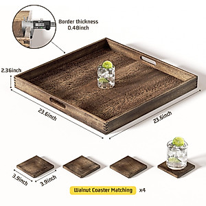Nunemosk 24”x24” Extra Large Square Black Walnut Wood Ottoman Tray with Handles, Serve Tea, Coffee or Breakfast in Bed, Including 4 Walnut Coasters
