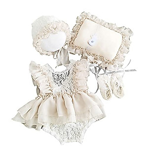 Yuehuam Newborn Photography Prop Girl Outfits Baby Lace Romper Hat Pillow Shoes Set Infant Photoshoot Skirt Clothes