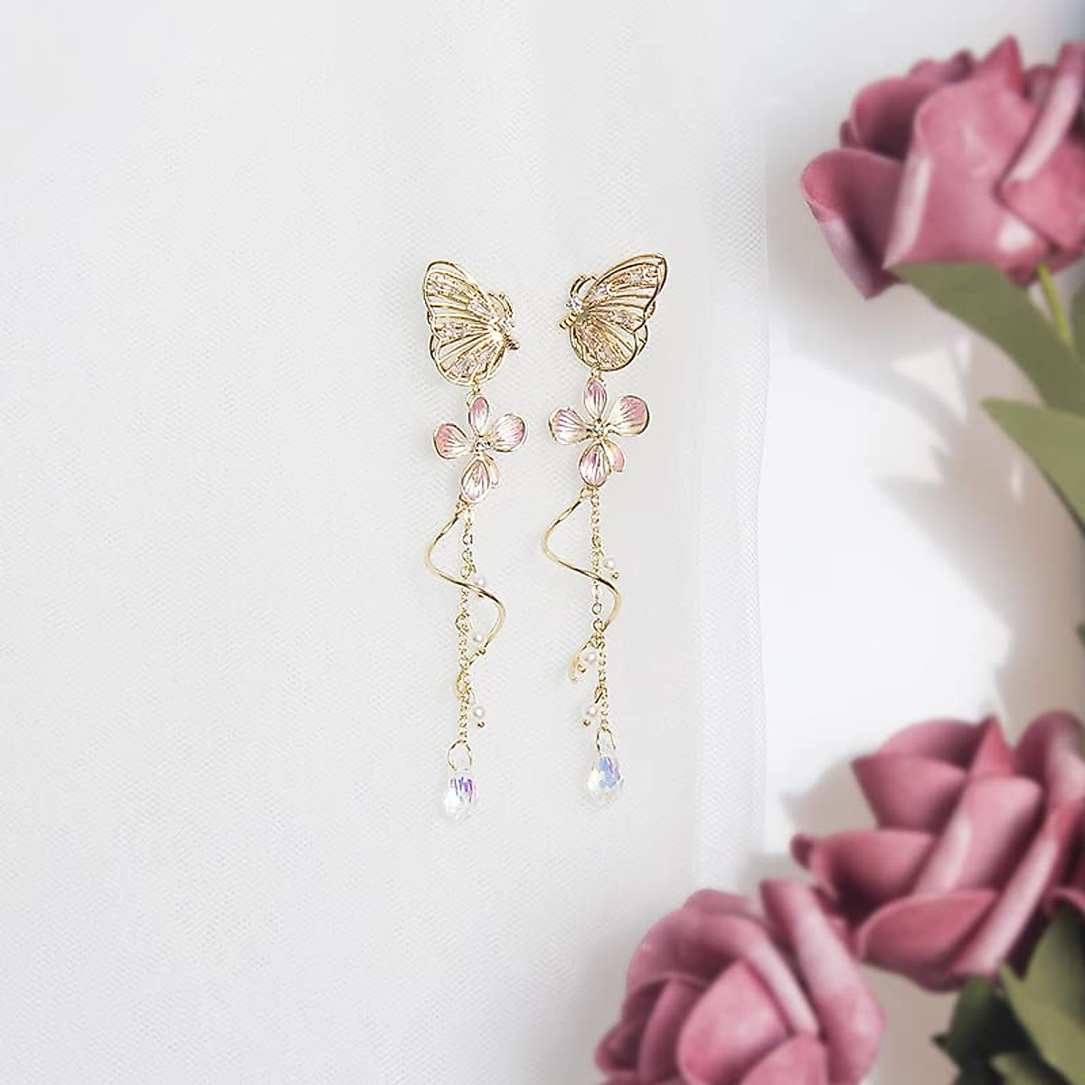Pink Flower Sakura Leaf Earrings Fairy Sakura Flower Cat Statement Earrings Dainty Flower and Cat Earrings For Women(Butterflies and Flowers)