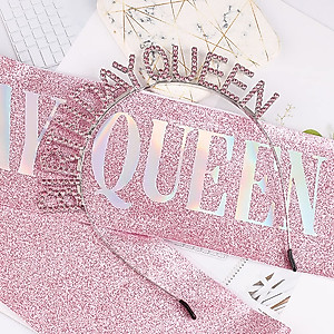 Didder Birthday Crowns for Women, Pink Birthday Queen Sash & Birthday Tiara Set, Birthday Tiara for Women Birthday Crown Princess Crown Rhinestone Birthday Girl Headband Happy Birthday Accessories