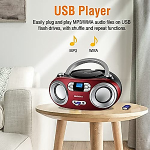 MEGATEK Portable CD Player Boombox with FM Radio, Bluetooth, USB, Aux-in and Headphone Jack, CD-R/RW and MP3 CDs Compatible, Enhanced Stereo Sound, AC/Battery Operated - Cherry Red