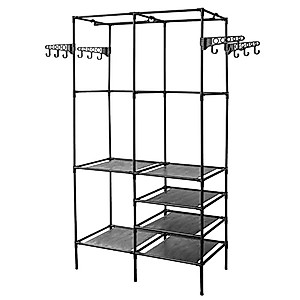 Sasoiky Garment Rack,Shoe Clothing Organizer Shelves,Freestanding Multifunctional Clothes Wardrobe- Closet with Hooks (black)