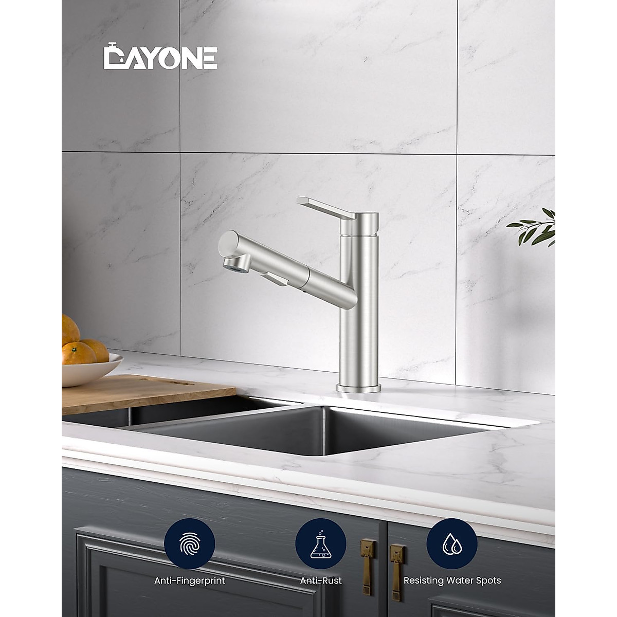 DAYONE Modern Bar Kitchen Faucet with Pull-out Sprayer Brushed Nickel, RV Single Handle Kitchen Sink Faucets Low Arc Stainless Steel, with Deck Plate for 1 3 Holes Sink Install 2 Modes and 360° Swivel