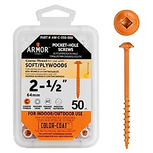 ARMOR TOOL Pocket Hole Screws - 2-1/2" Coarse Thread Joinery Screws 50 Pack with Orange Color Coat & Square Drive - AW-C-250-050