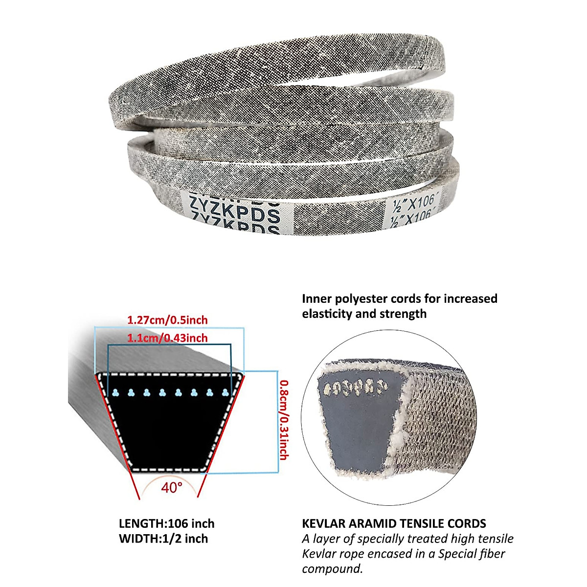 ZYZKPDS 532405143 584453101 405143 Husqvarna AYP 7133156 Craftsman 21546607 Ariens Lawn Tractor Mower Deck Belt 1/2" x 106" with 46" Lawn Mower Kevlar Deck Belt