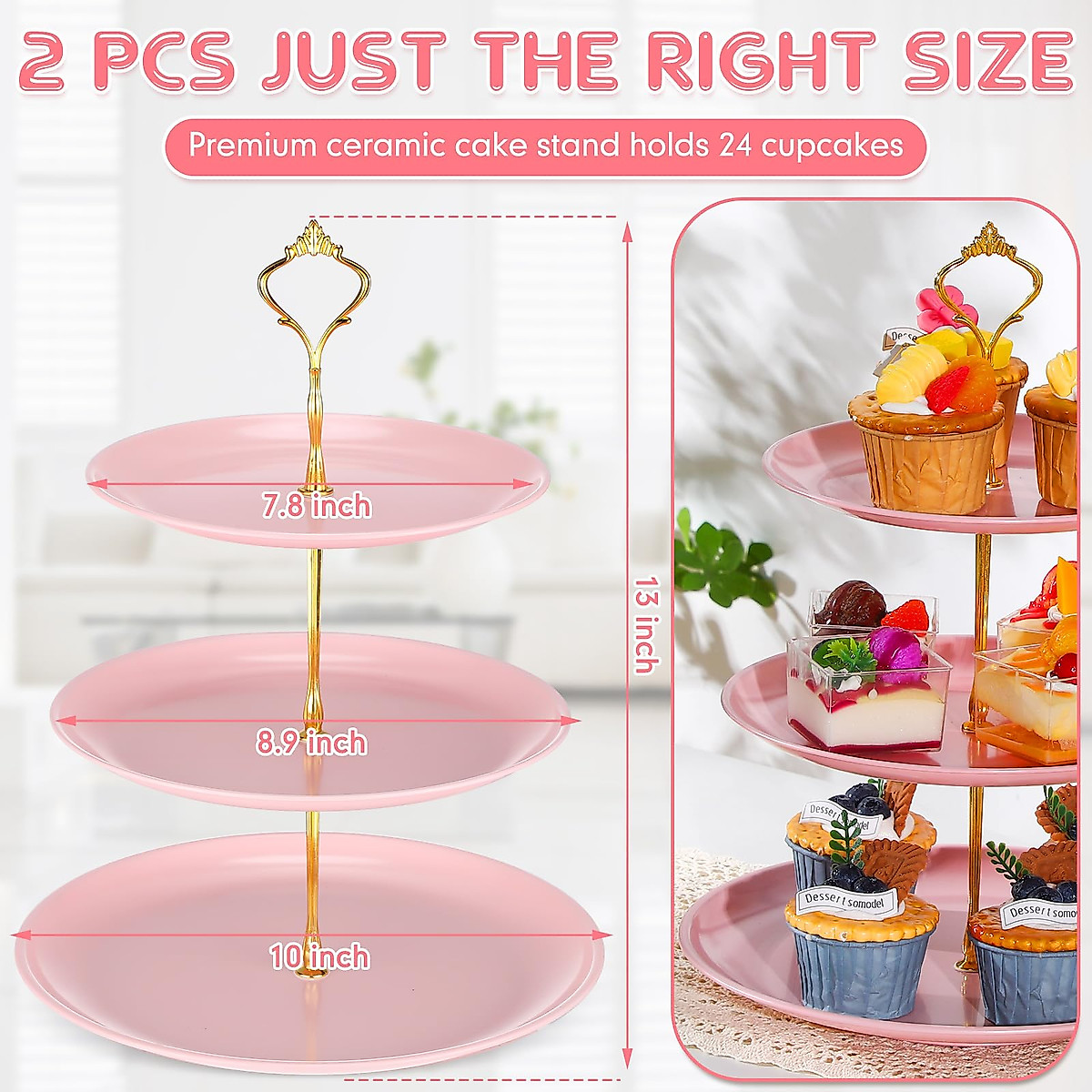 Set of 2 Cupcake Display Stands 3 Tier Serving Tray Platters Stainless Steel Cup Cake Tower for Birthday Party Wedding Cakes Dessert Cookie Candy (Pink)
